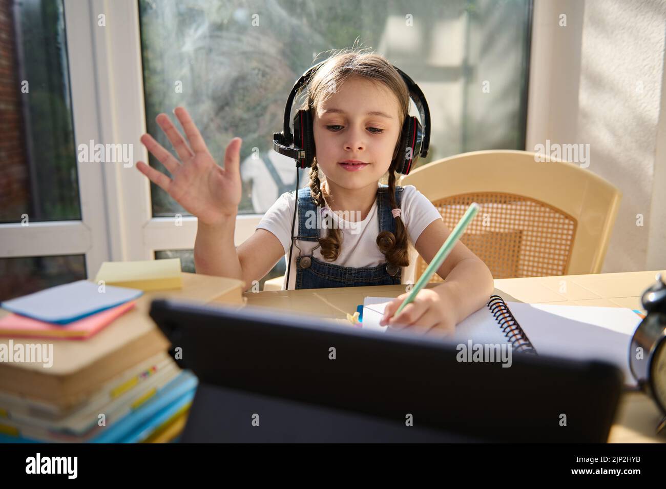 Caucasian student of primary school using the laptop for online ...