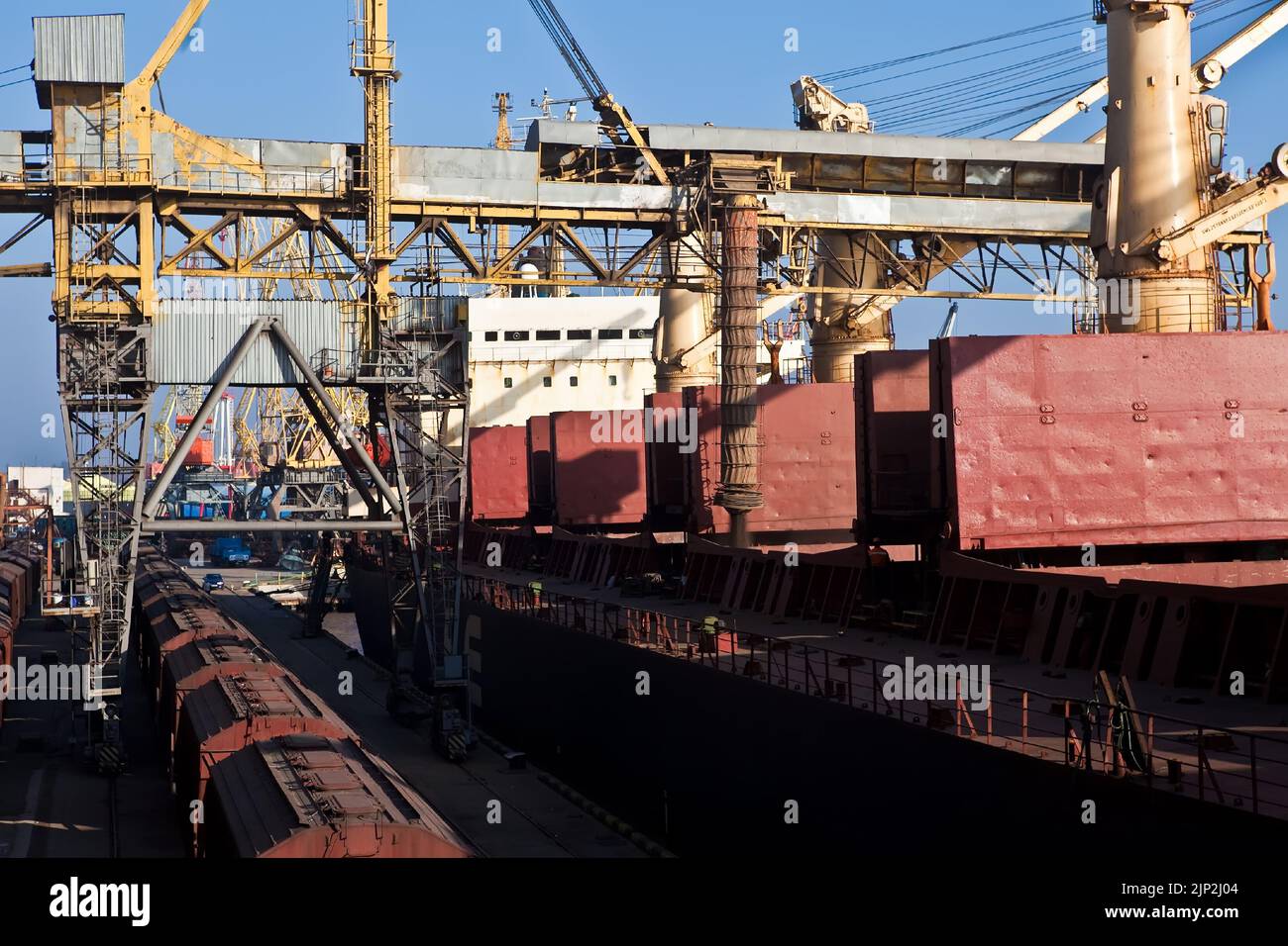 Loading grain into holds of sea cargo vessel in seaport from grain ...