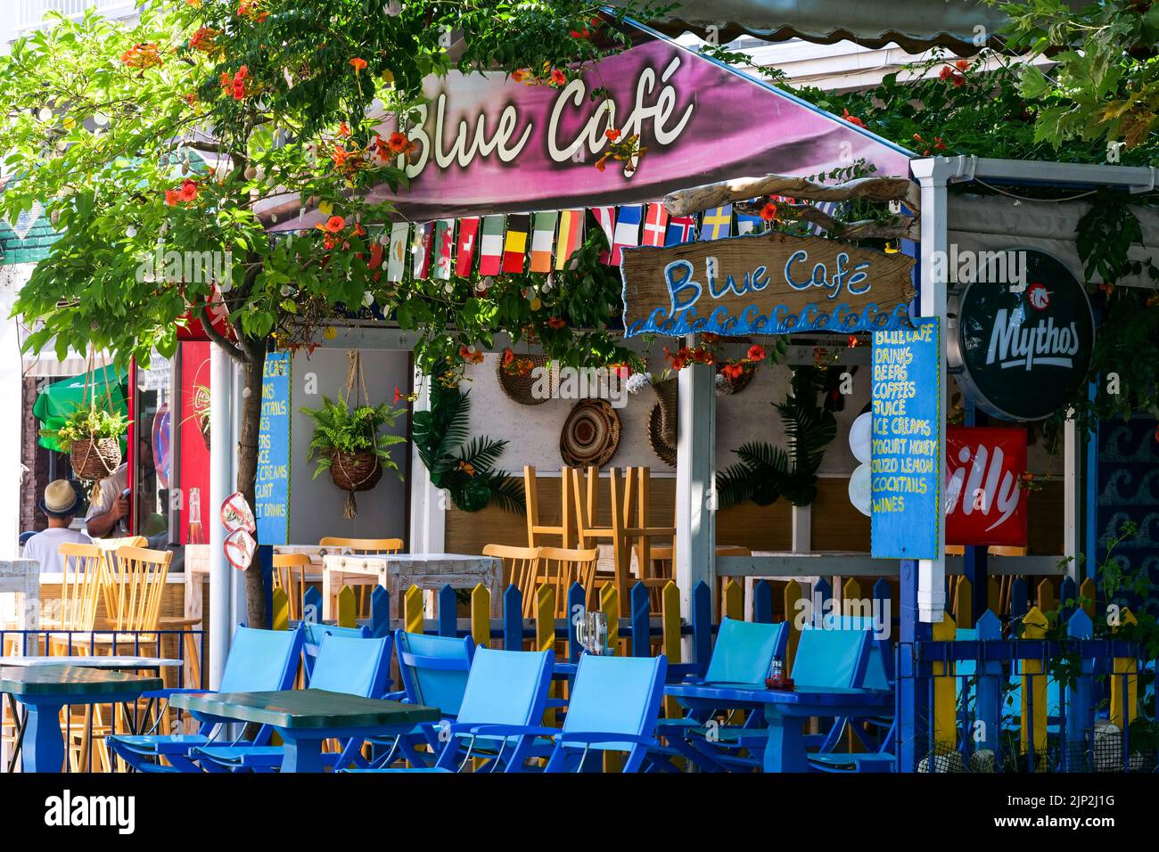 Blue café, Thassos, Macedonia, North-Eastern France Stock Photo - Alamy