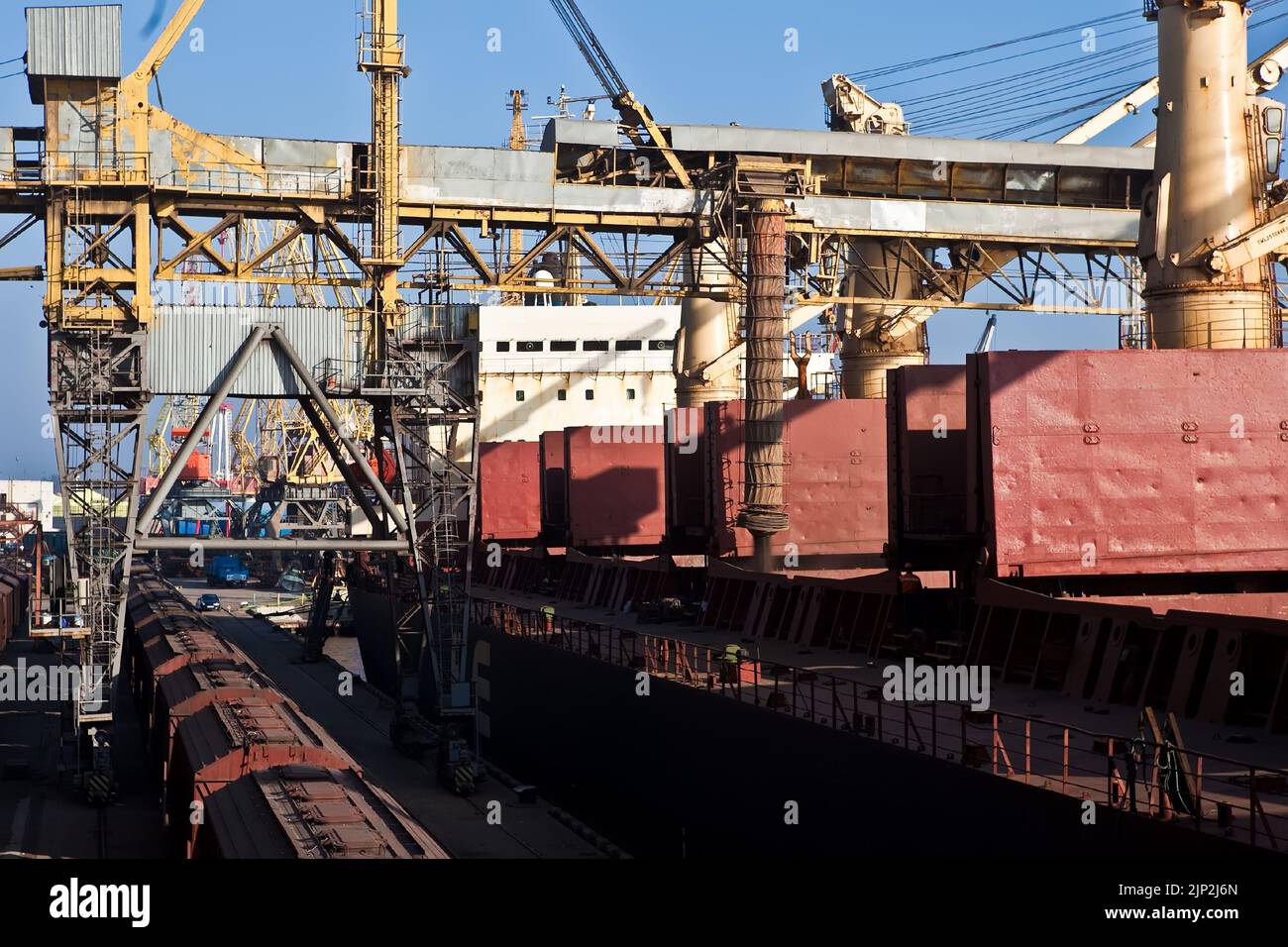 Loading grain into holds of sea cargo vessel in seaport from grain ...