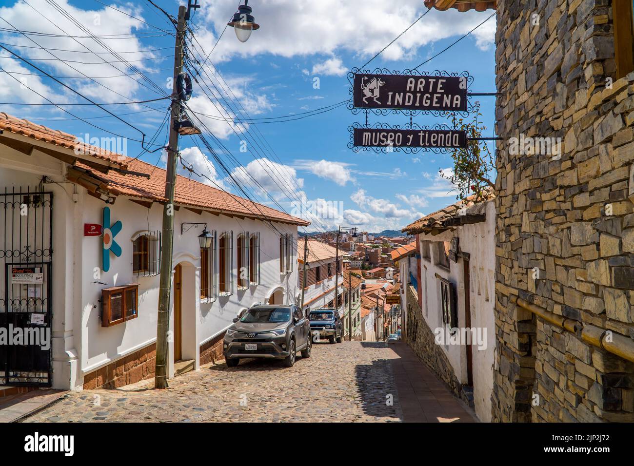 A street with colonial houses and indigenous art museum in Sucre ...