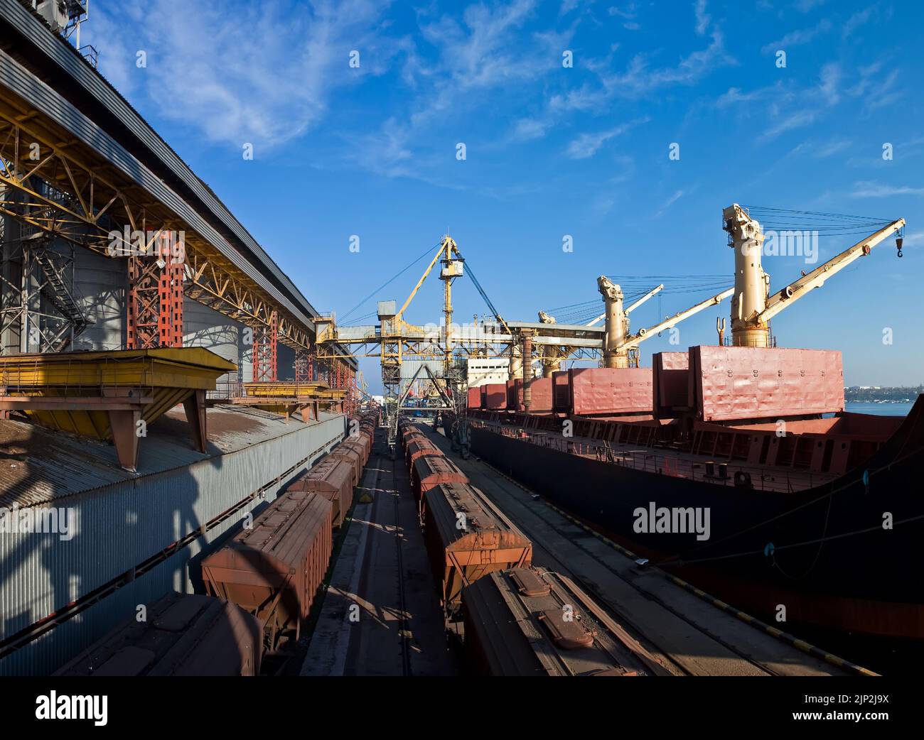 Loading grain into holds of sea cargo vessel in seaport from grain ...