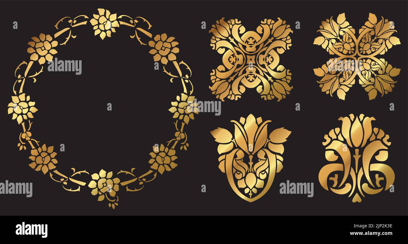 A set of vintage vector decorative floral rose stencil icons and ...