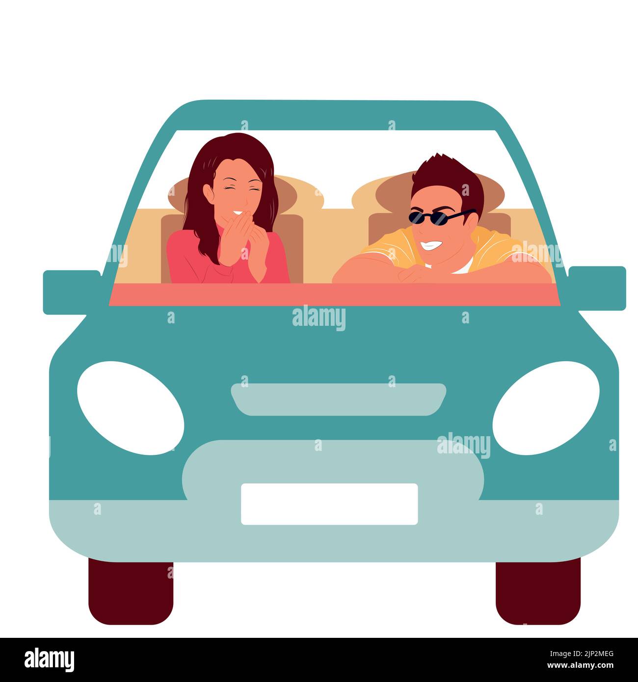 Laughing man and woman in the car. Rest, comfort, joy. Color flat ...