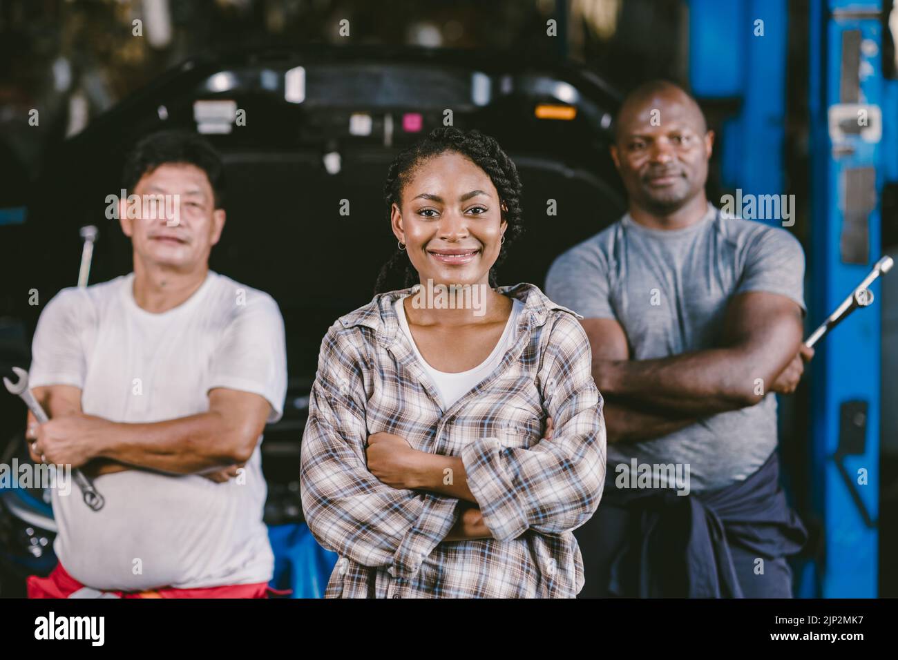 group of people mechanic with woman car owner customer standing happy ...