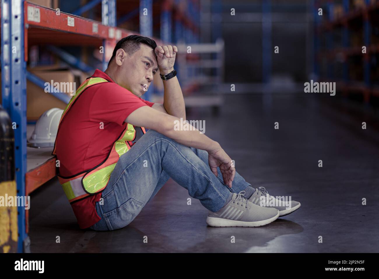 Tired stress Asian male worker labor hard working fatigue sitting ...