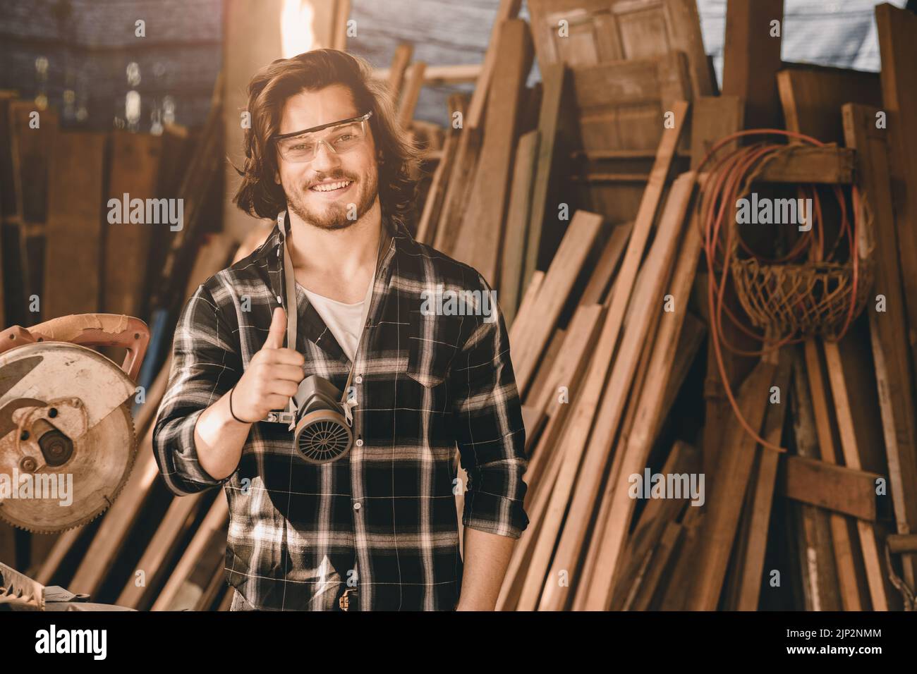 Portrait Carpenter man wood worker builder handsome smart thumbs up ...