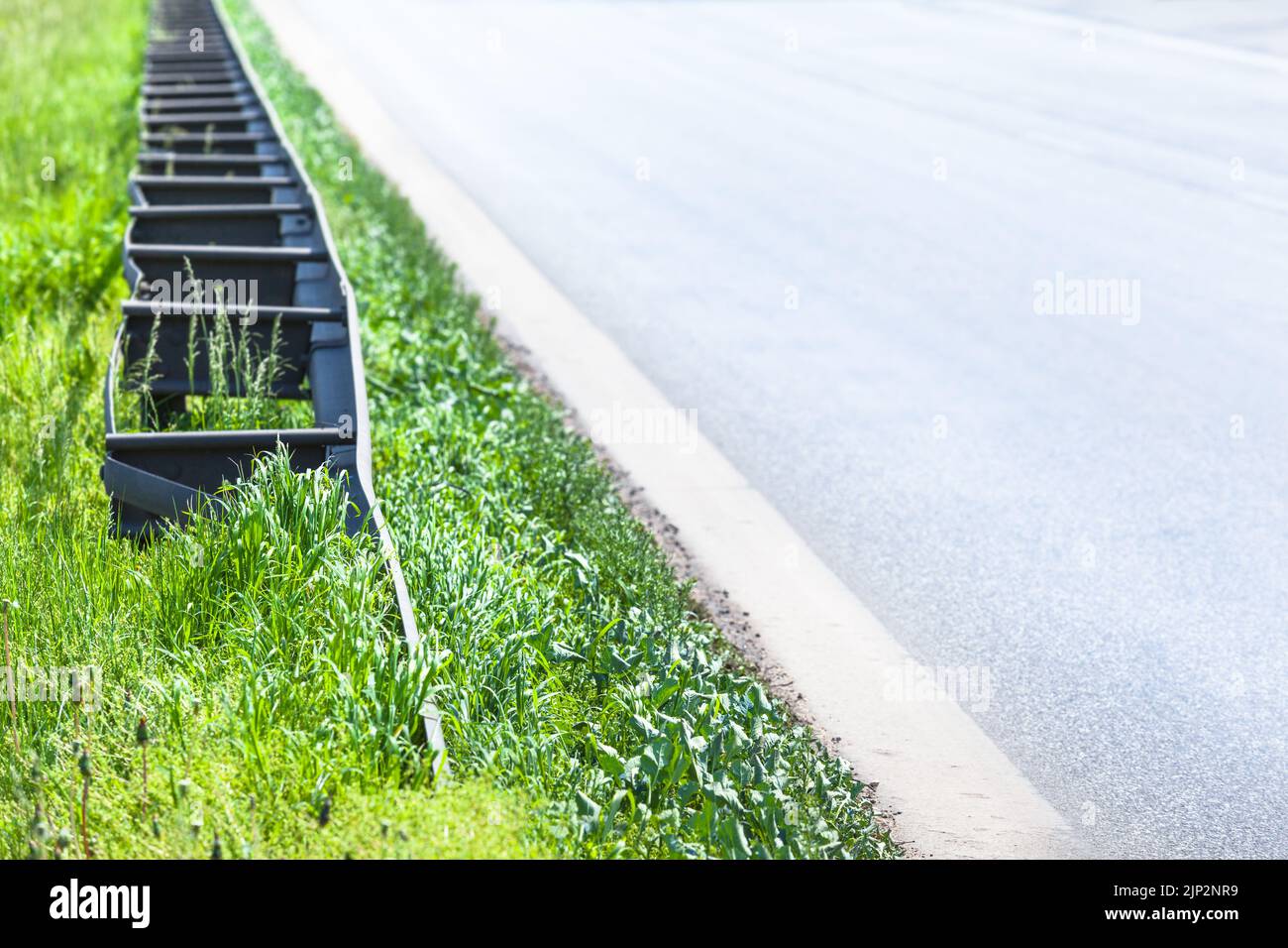 Empty road detail with grass verge and guardrail (copy space Stock ...