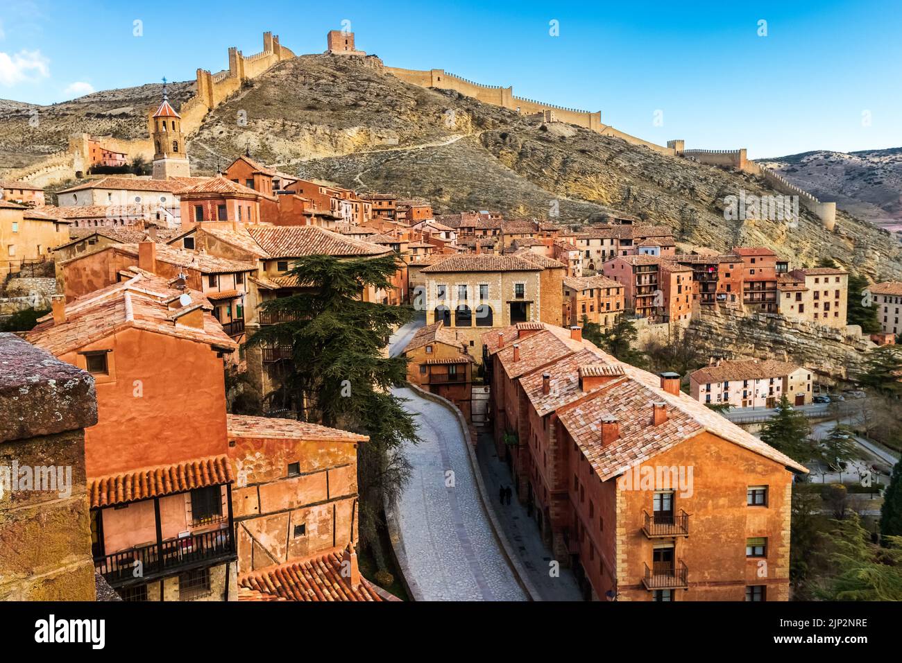 Cityscape of the medieval city of Albarracin with its old stone houses ...