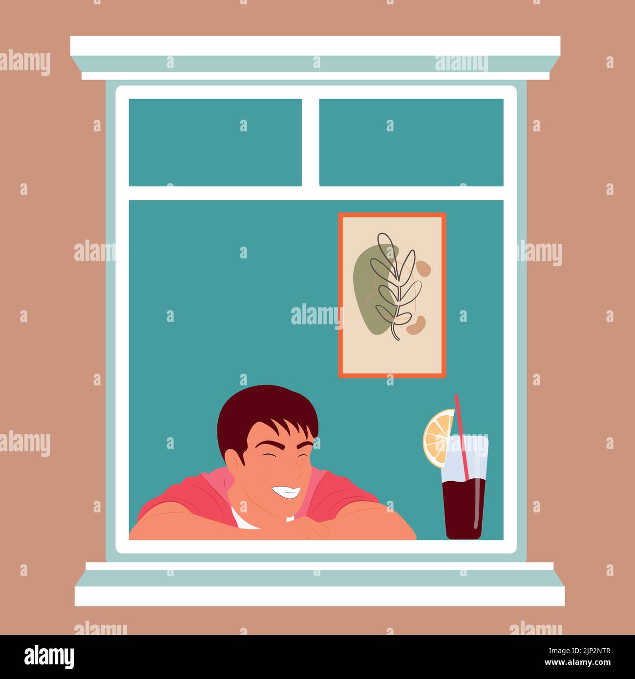 Laughing man near the window with a drink. Rest, comfort, joy. Color ...