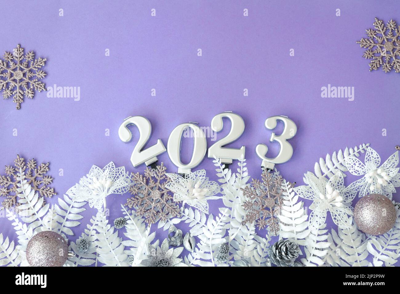 Lilac Christmas background with numbers 2023 and decor details, flat ...
