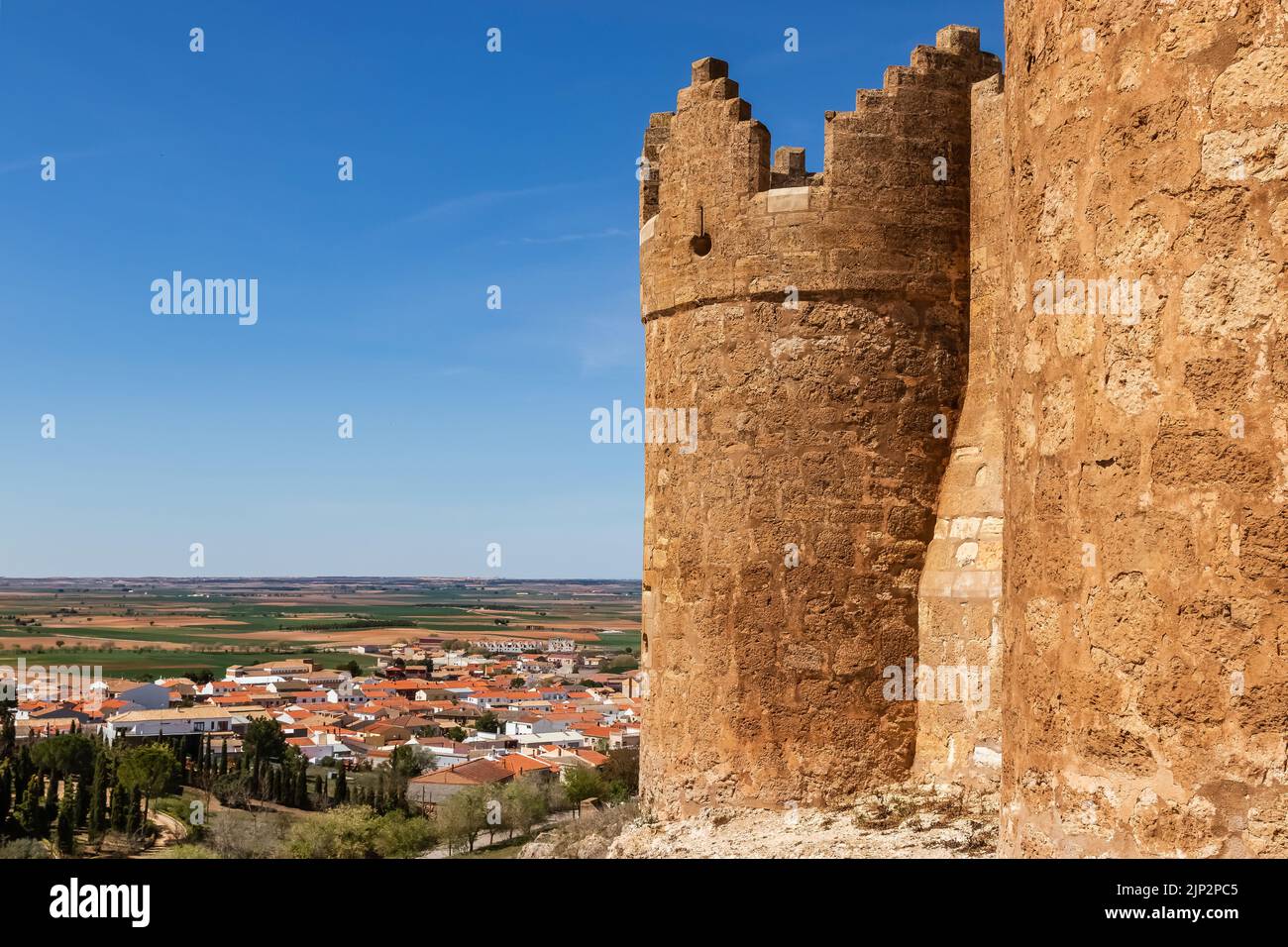 Castle and town of Belmonte in La Mancha, Cuenca Spain. Europe Stock ...