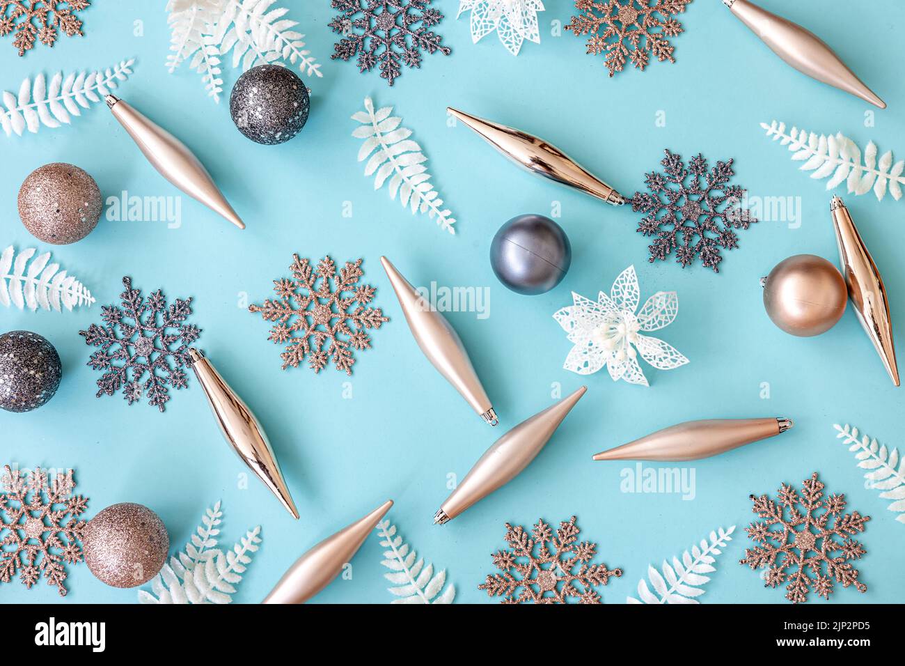 Flat lay, blue Christmas background with decor details Stock Photo - Alamy