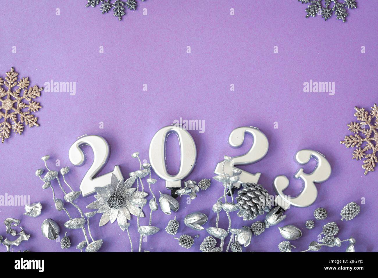 Lilac Christmas background with numbers 2023 and decor details, flat ...