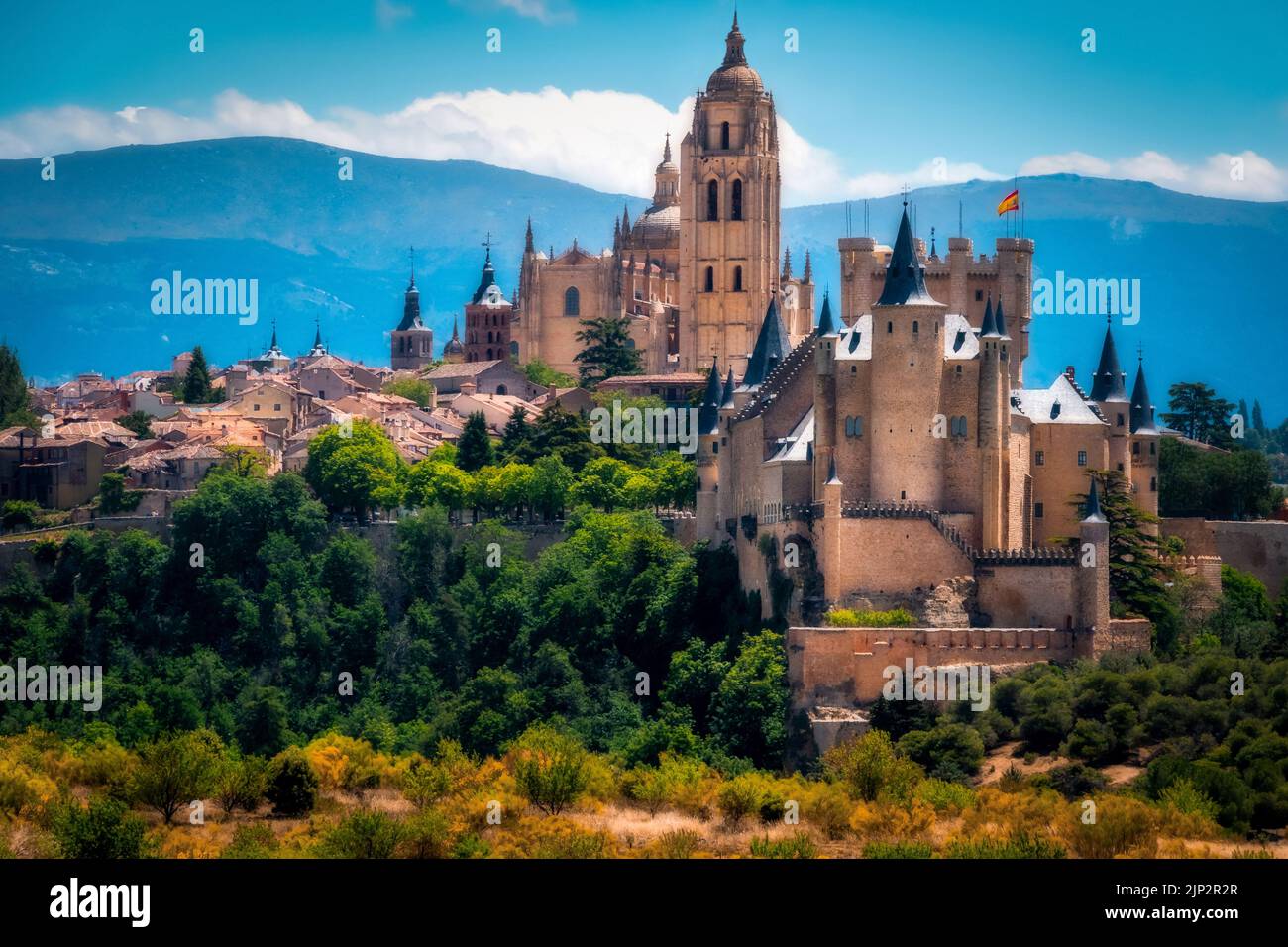 City of Segovia with a view of the Alcazar castle, cathedral and small ...