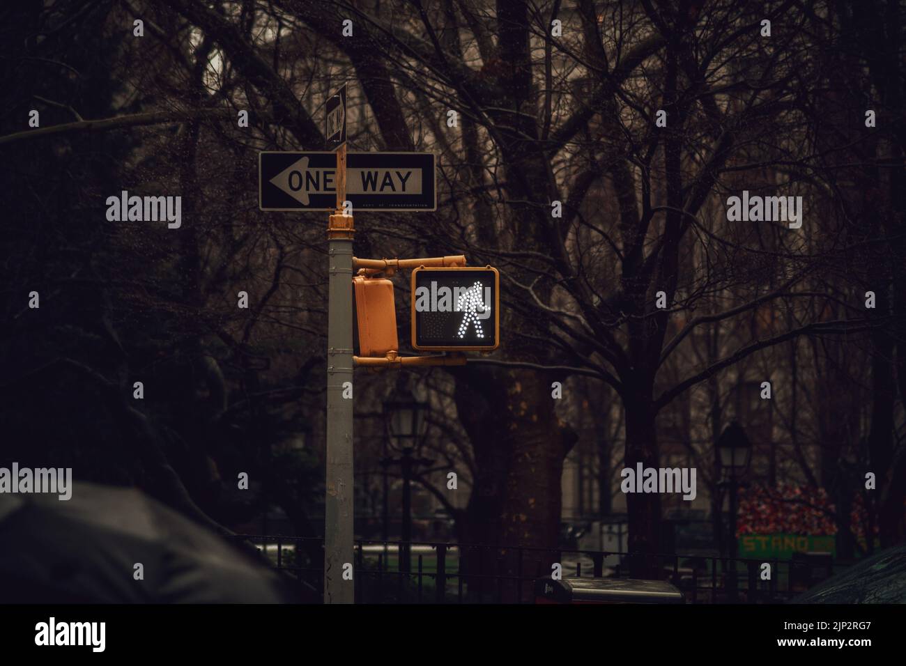 A street sign showing one way and a traffic light showing a green man ...