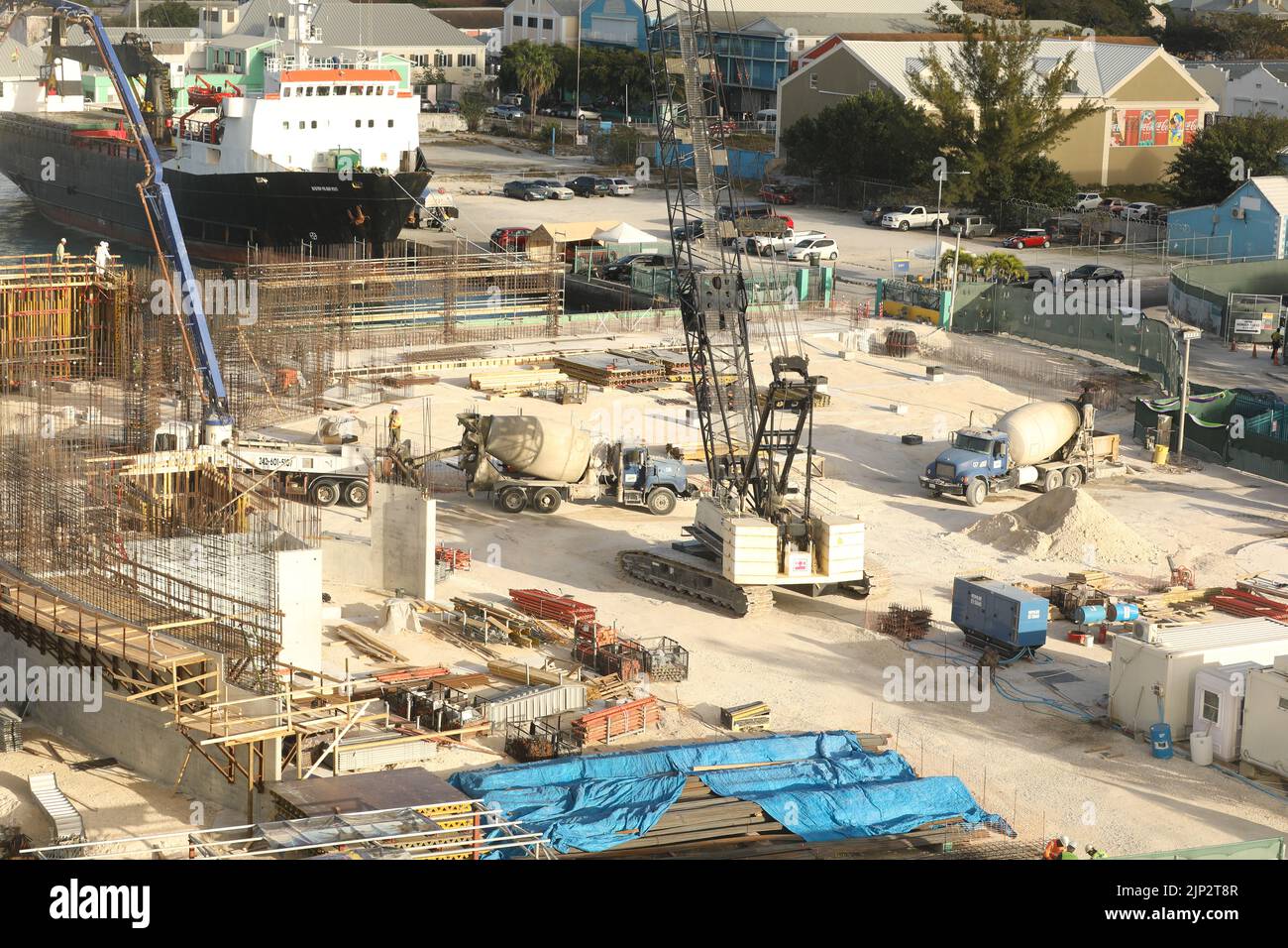 Piling driven into ground. Deep foundation installation. Reinforce ...