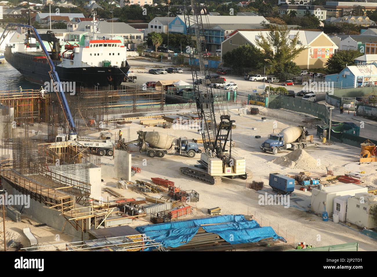 Piling driven into ground. Deep foundation installation. Reinforce ...