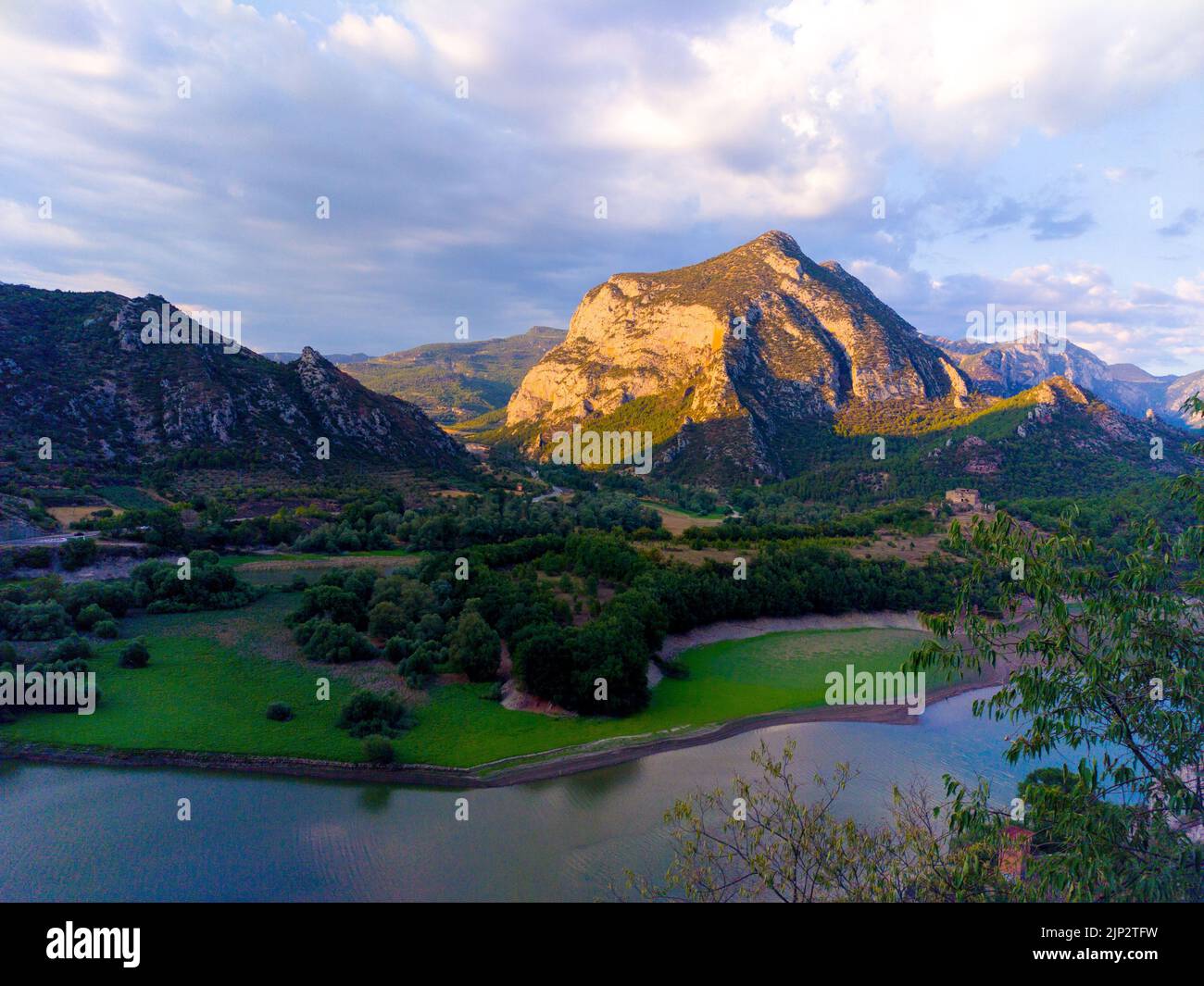 Landscape with mountain, lake and sky. Pyrenees in sunset. Wallpaper ...