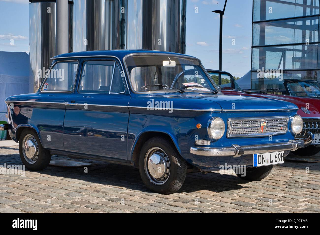 Blue NSU Prinz L from the sixties at the oldtimer show in Cologne, side ...