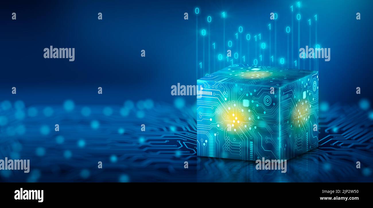 Cube Technology On Converging Point Of Circuit With Abstract Blue Background Blockchain Network