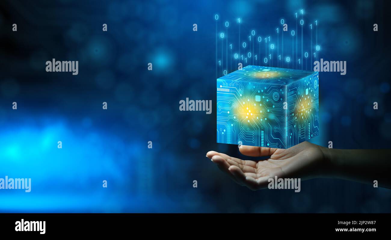Businessman hand holding Cube technology with Abstract blue background. Blockchain Network ...