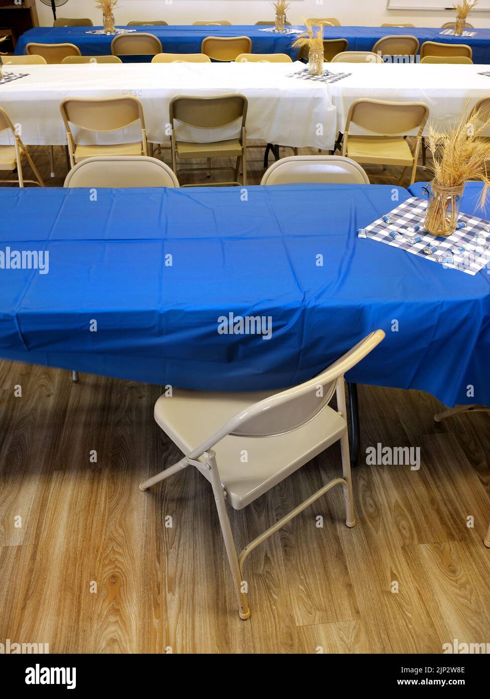 Tables and chairs set up for a party with blue and white tablecloth ...