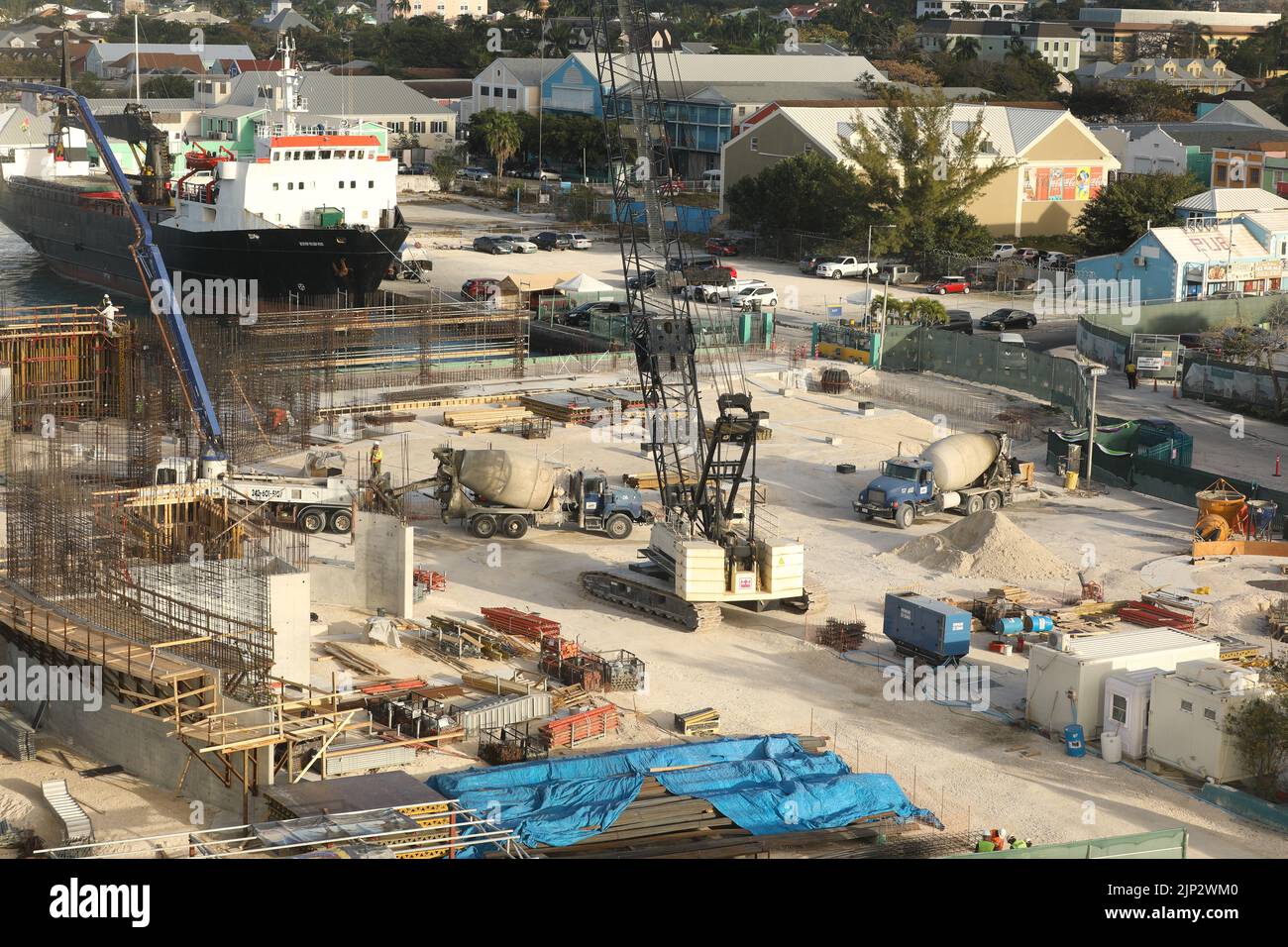 Piling driven into ground. Deep foundation installation. Reinforce ...