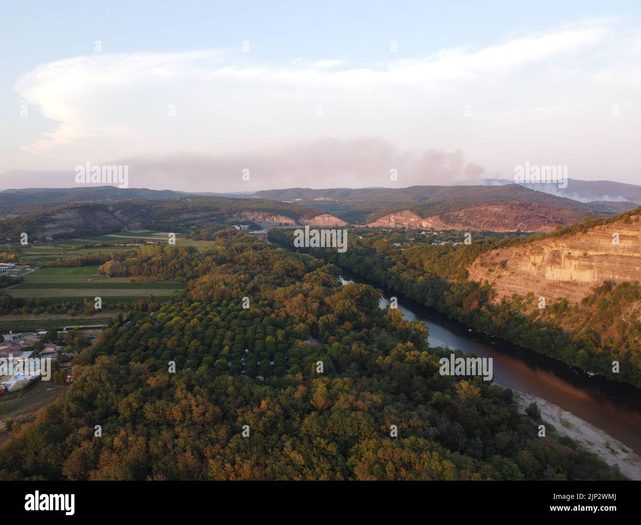 An aerial view of a river in a rural area on a cloudy morning Stock ...