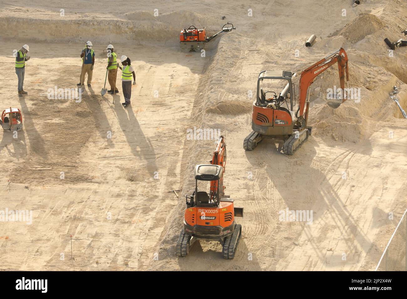 Piling driven into ground. Deep foundation installation. Reinforce ...