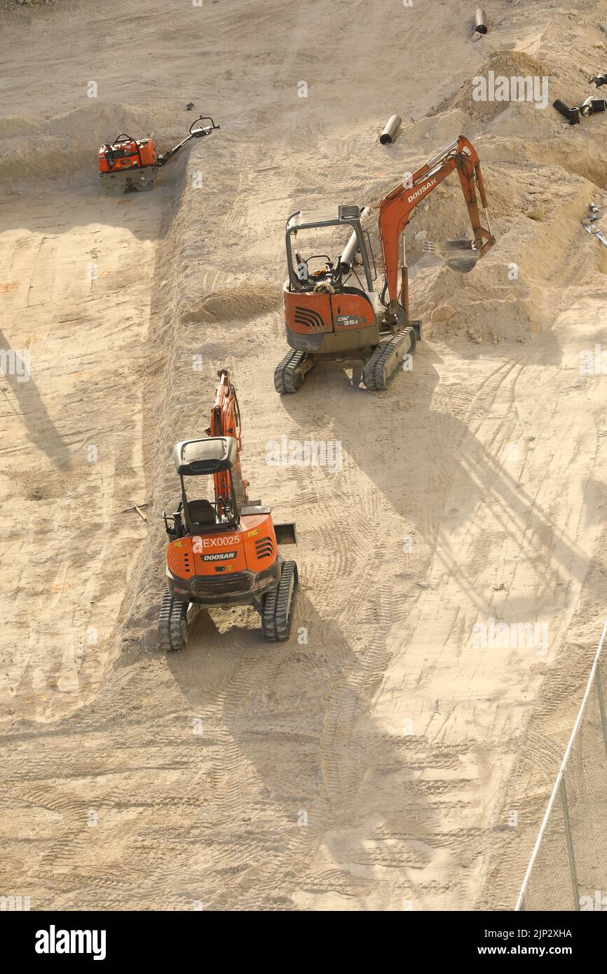 Piling driven into ground. Deep foundation installation. Reinforce ...