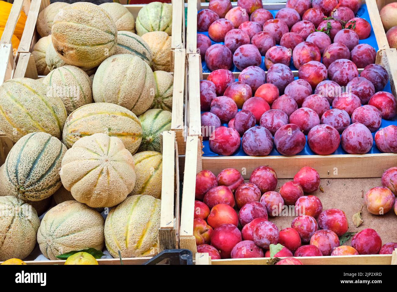 plums, market stall, honeydew melon, plum, market stalls, honeydew ...