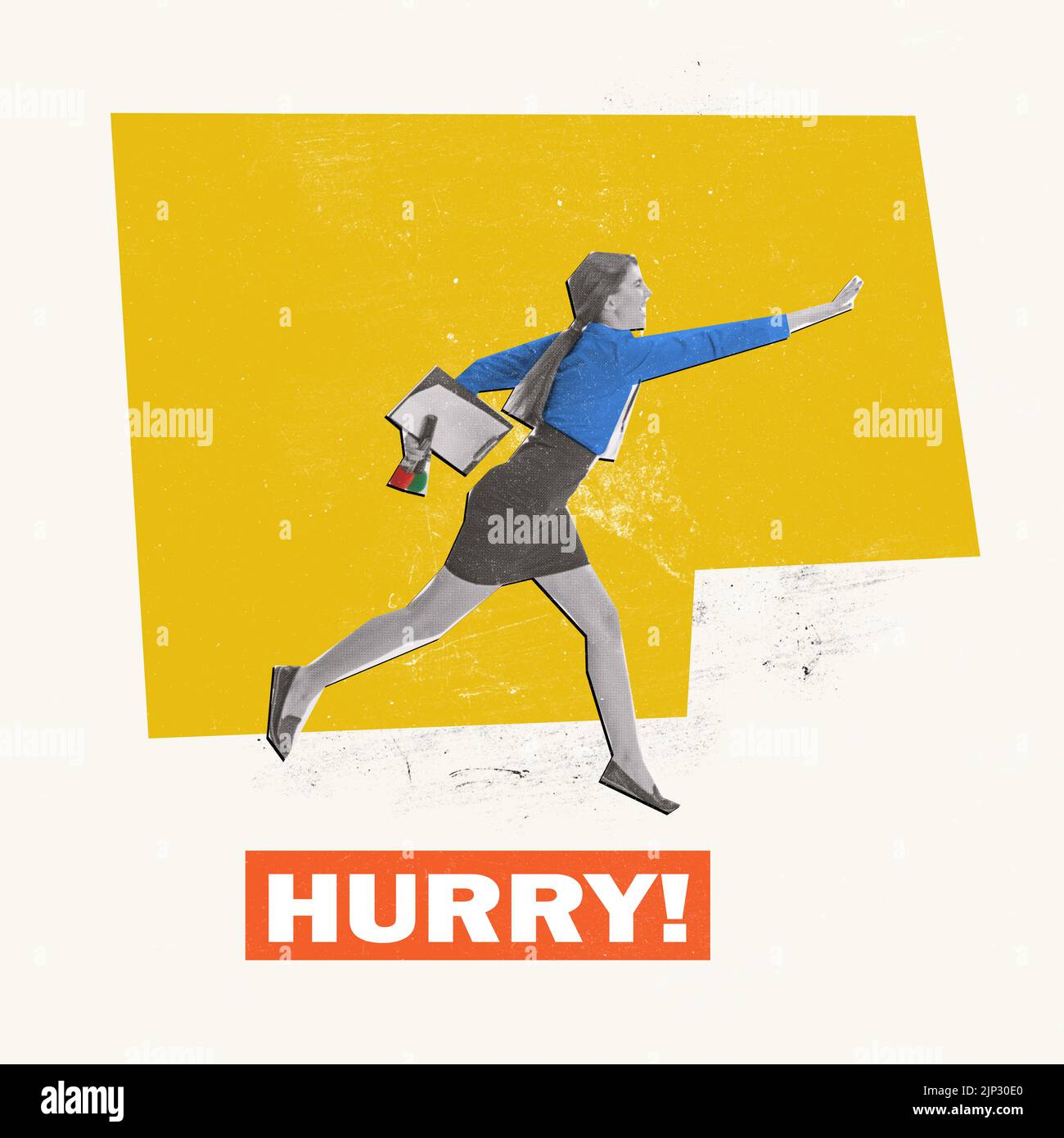 Contemporary art collage. Young female journalist running with ...