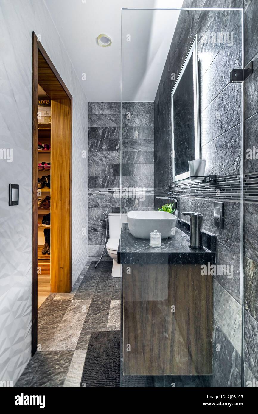 bathroom with luxury finishes, main mirror with led light from behind ...