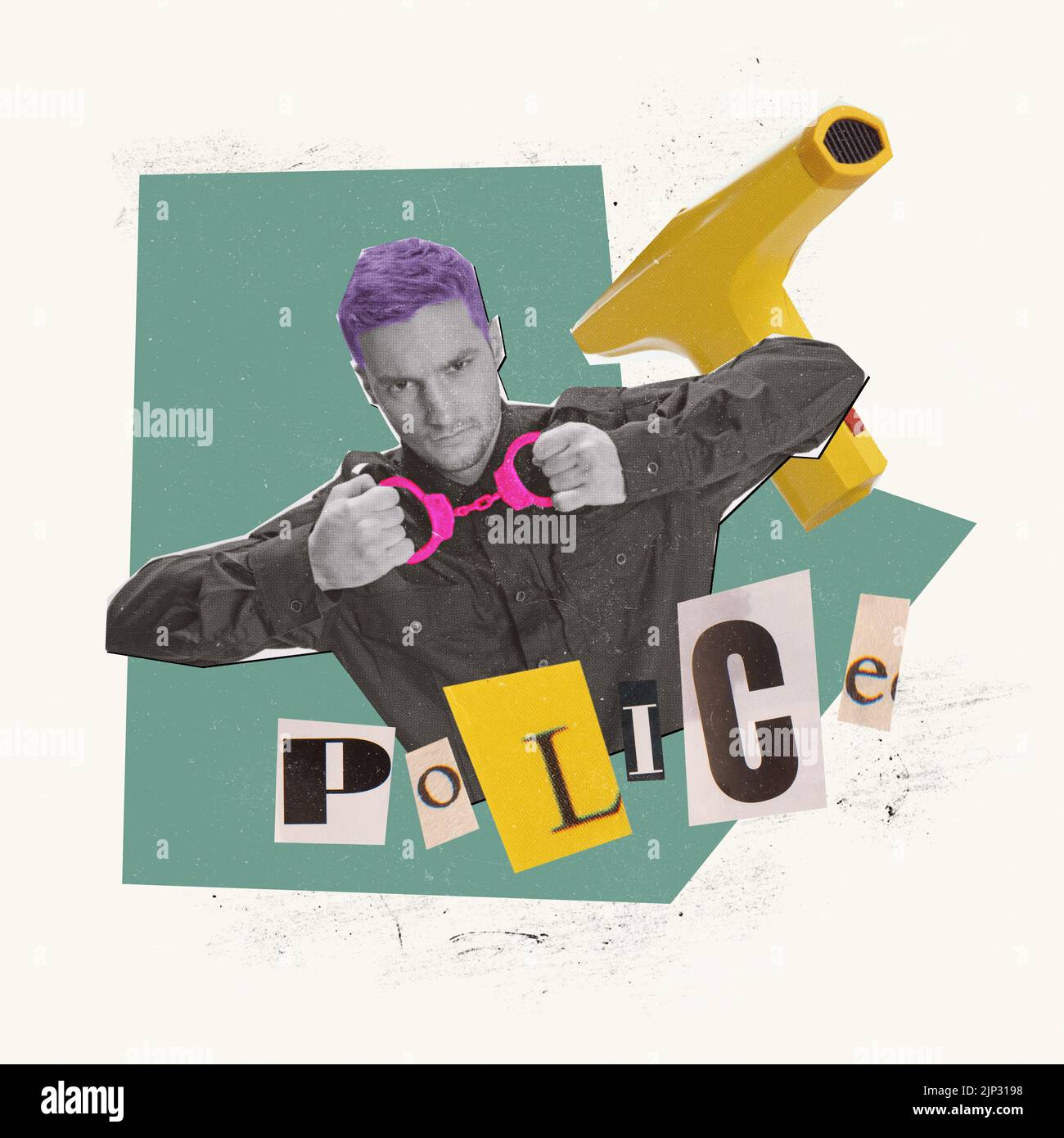 Contemporary art collage. Young man, policeman officer in uniform ...