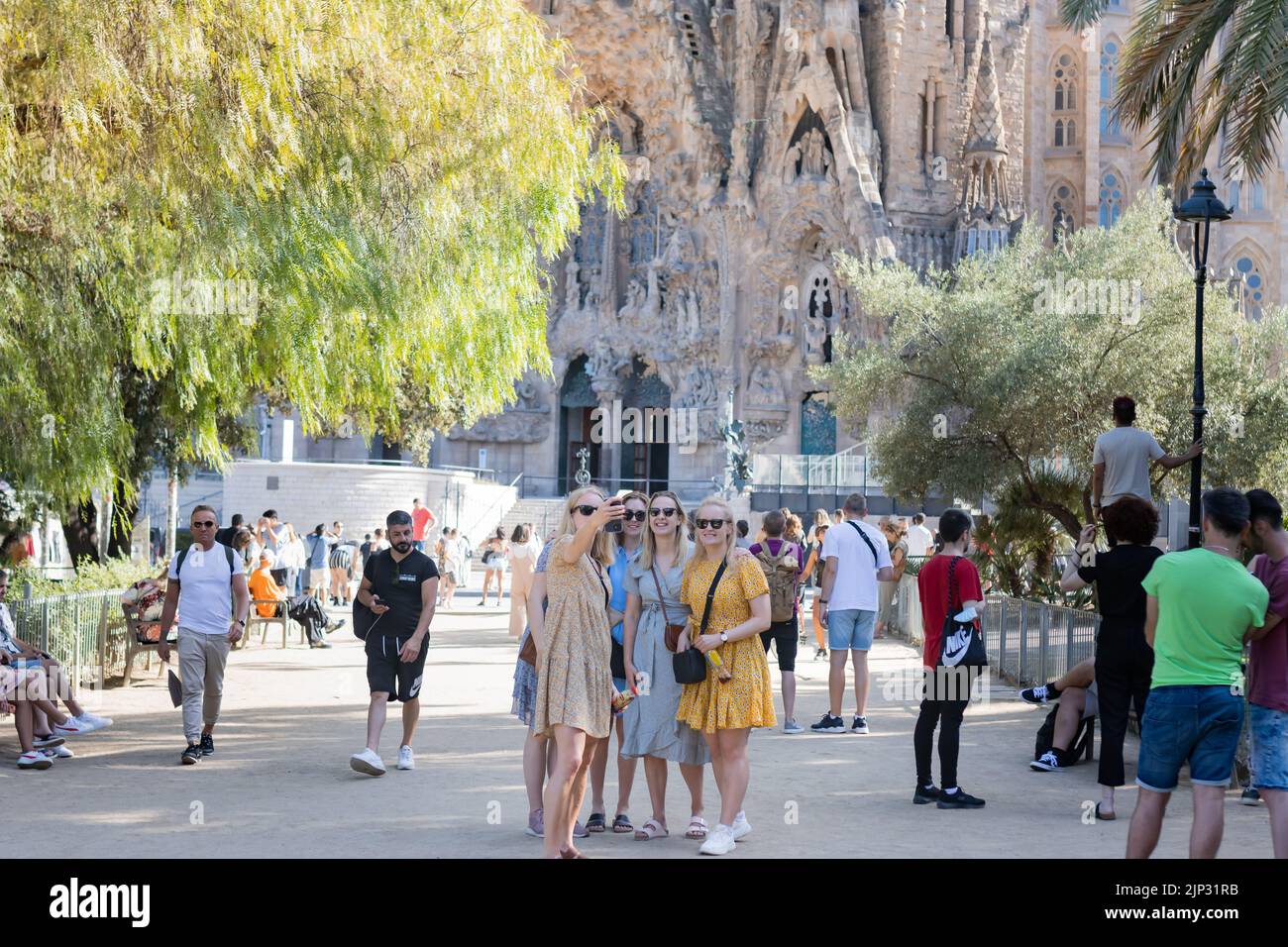 Barcelona, Spain - July 1, 2022: group of girls on vacation taking a ...
