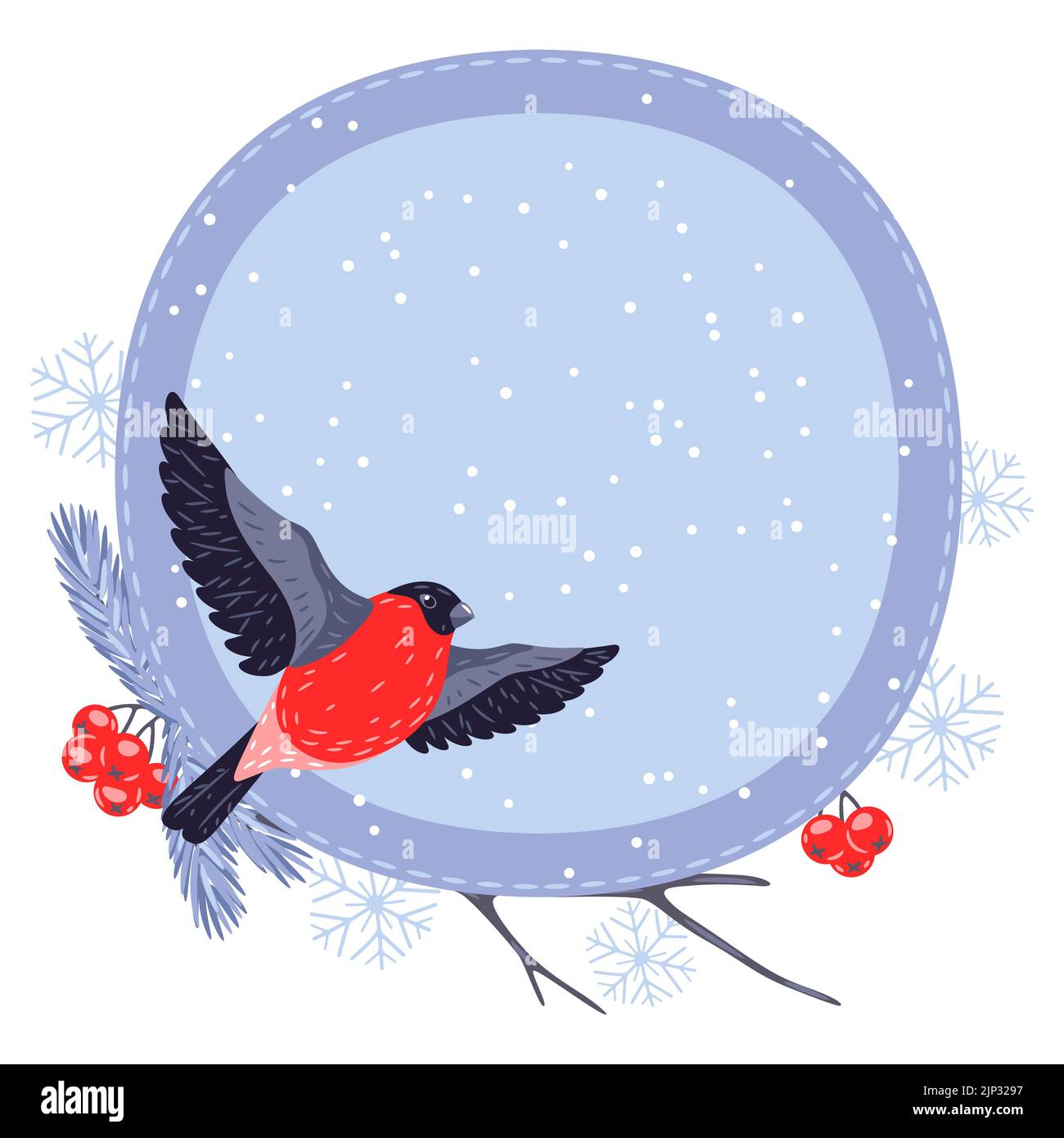 Winter background with birds bullfinches and plants. Merry Christmas ...