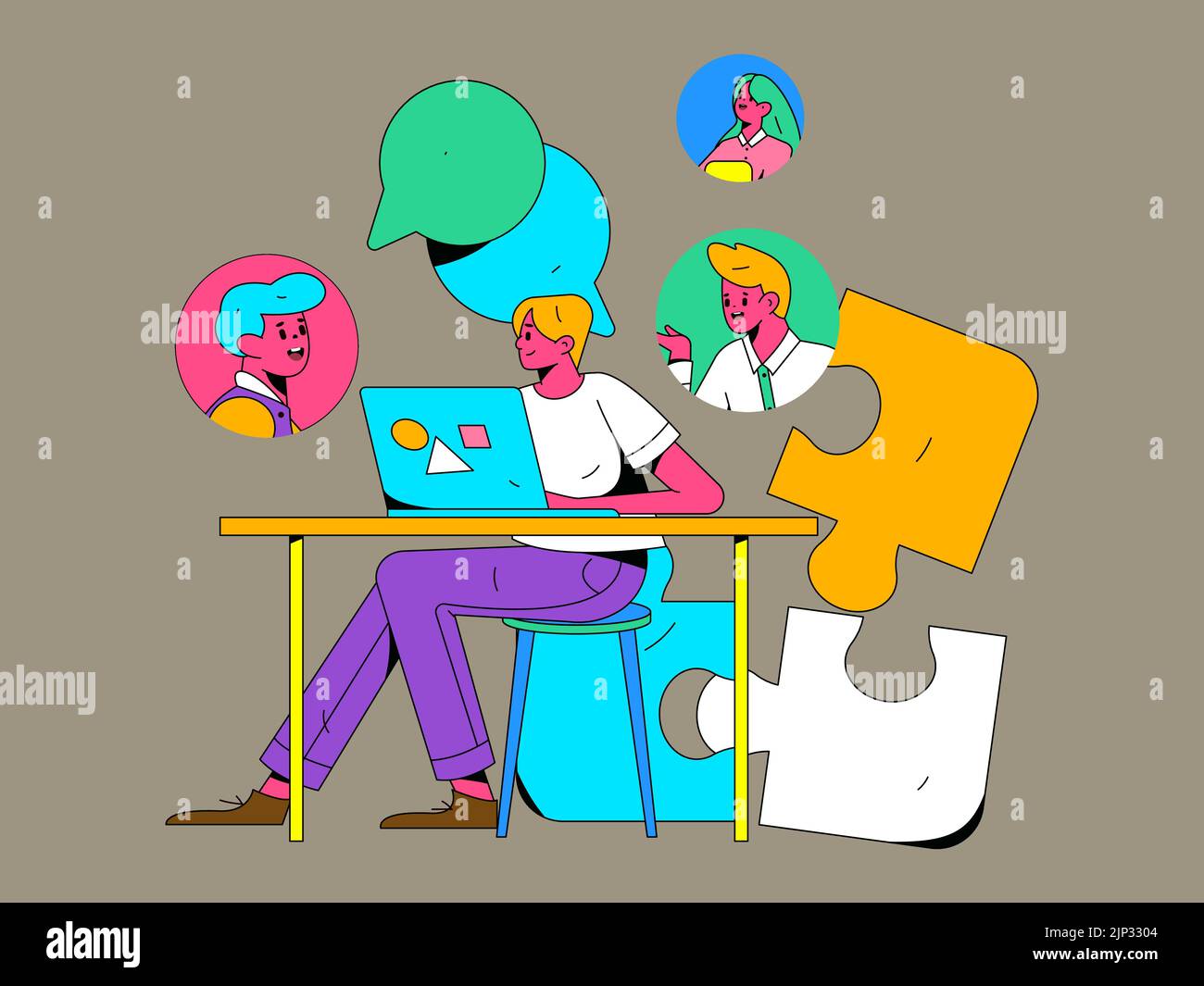 Simple clip art of a character by a computer, teamwork communication ...