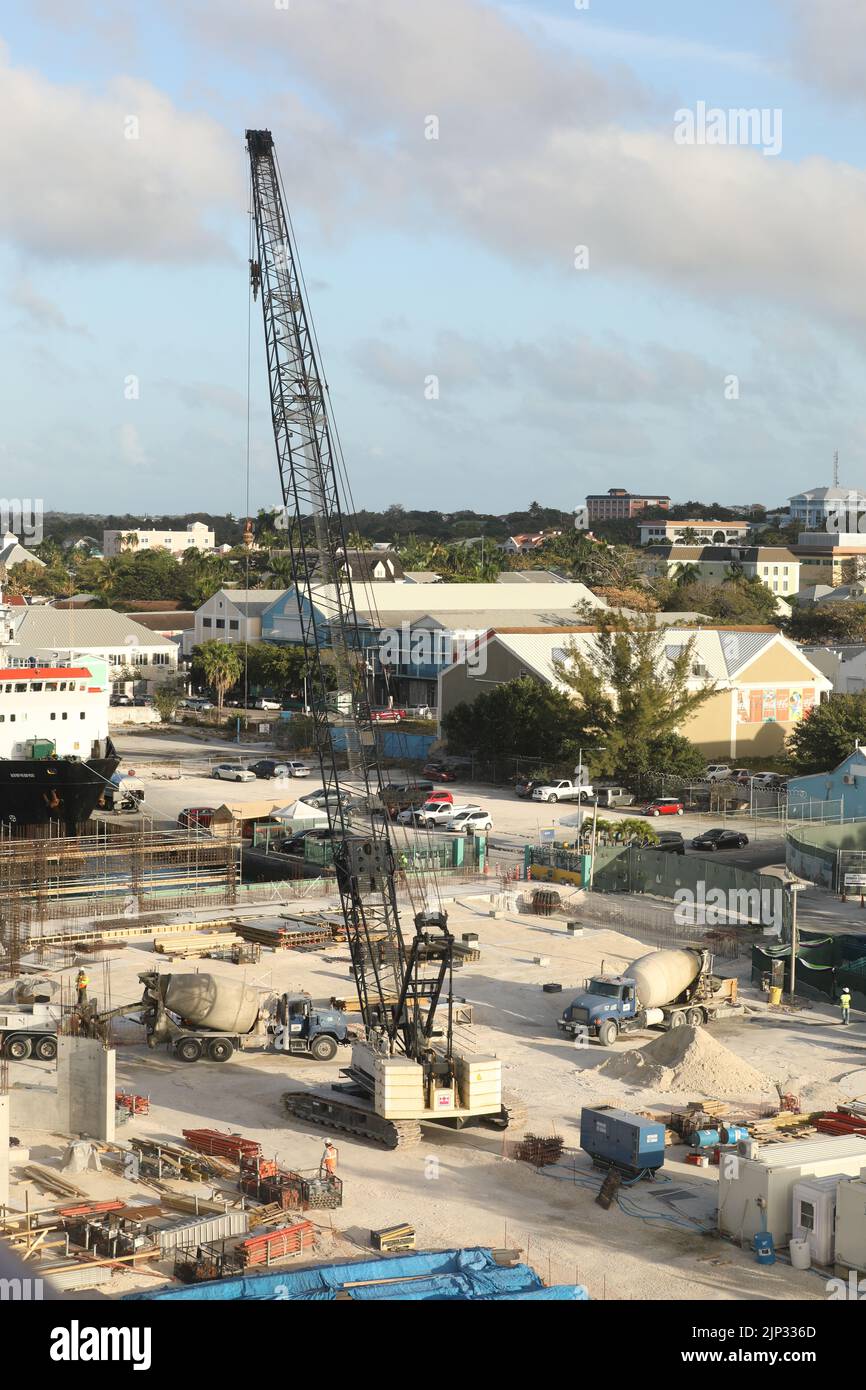 Piling driven into ground. Deep foundation installation. Reinforce ...