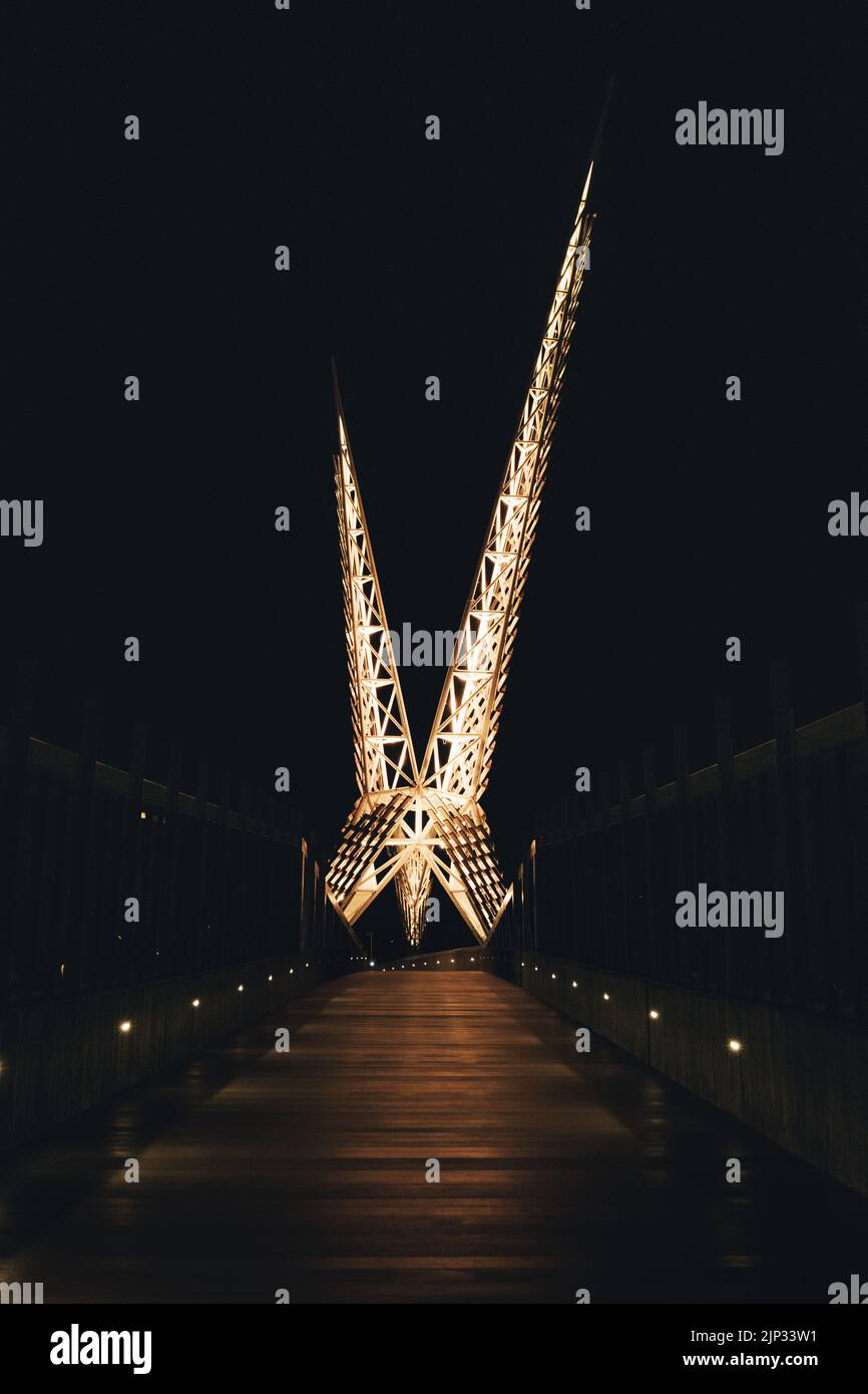 Beautiful night view of a Scissor-Tailed Flycatcher statue over Scissor ...