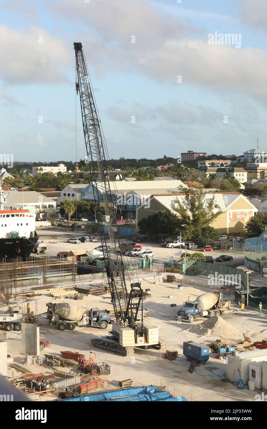 Piling driven into ground. Deep foundation installation. Reinforce ...