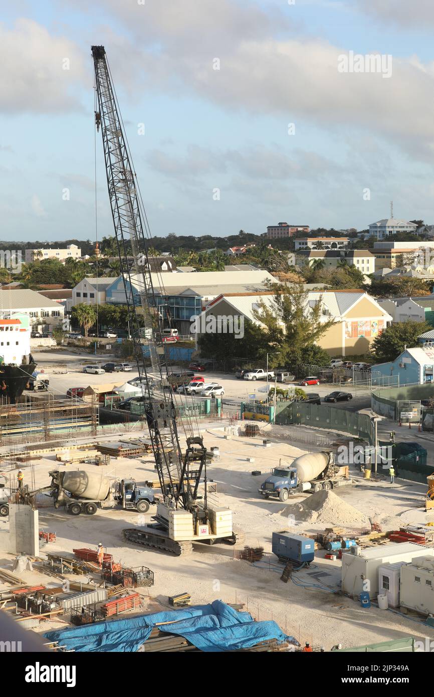 Piling driven into ground. Deep foundation installation. Reinforce ...