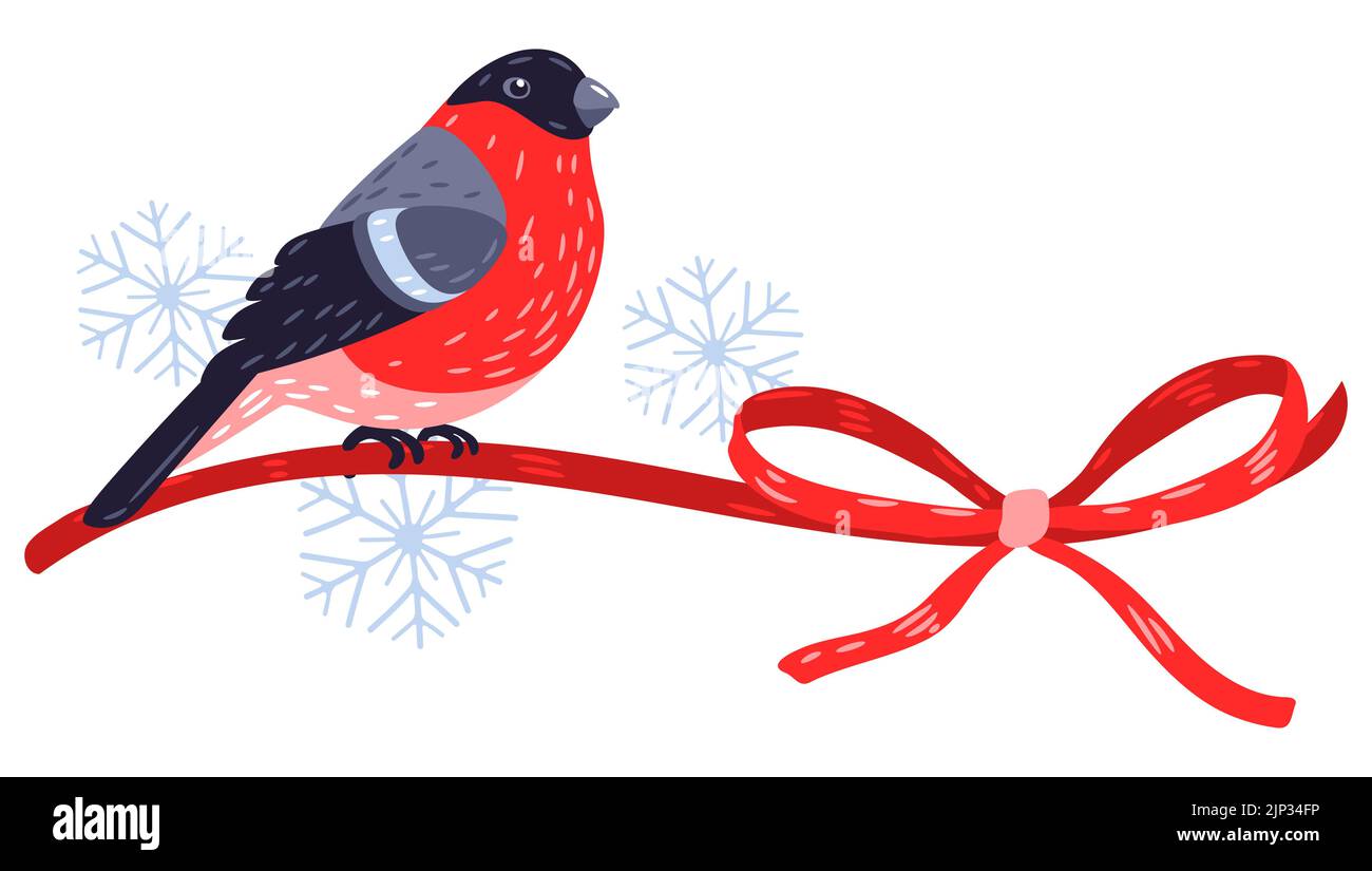 Winter illustration of bird bullfinch and ribbon. Merry Christmas and ...