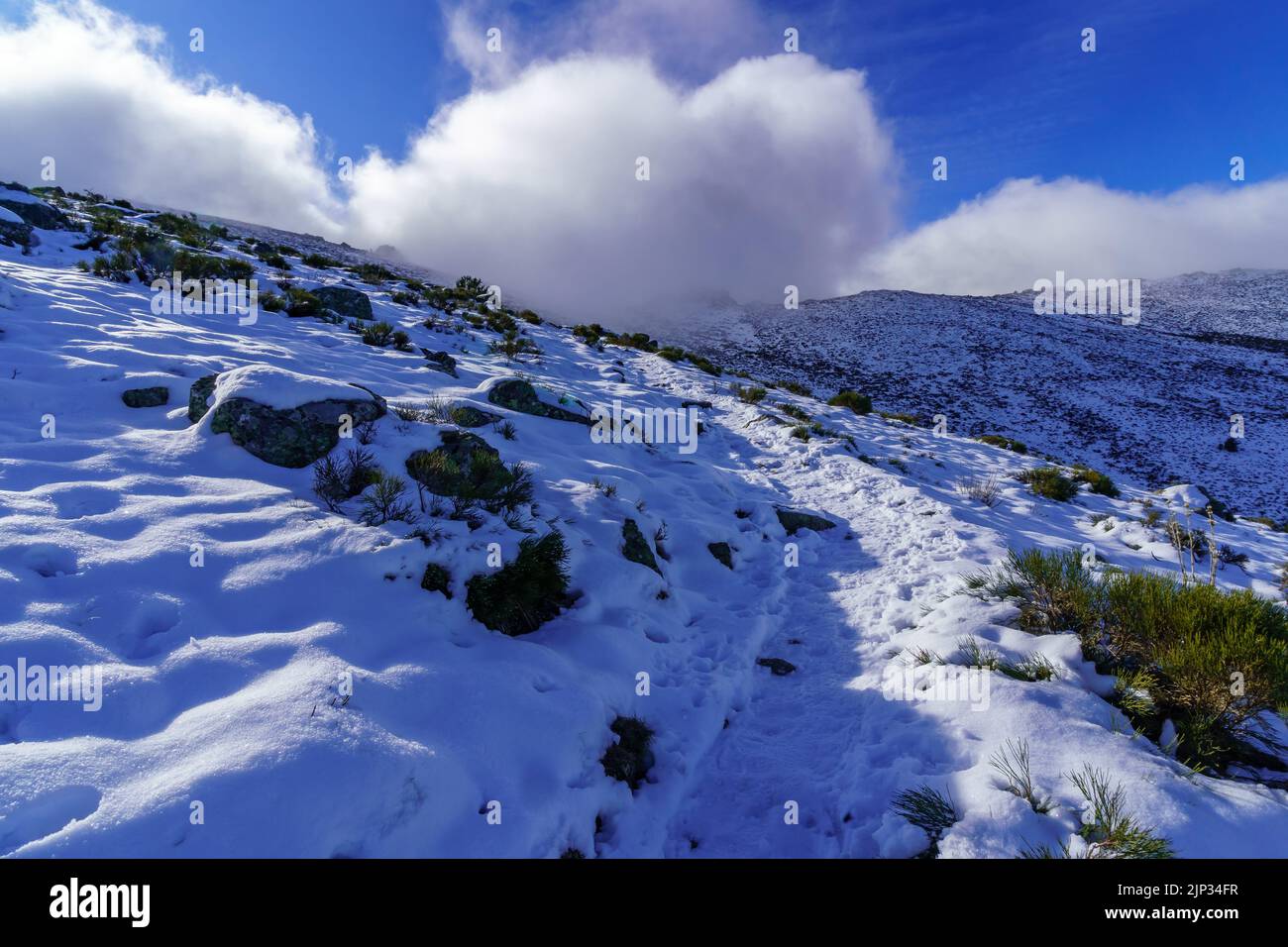 Snowy mountain landscape of Madrid with blue sky and white clouds. I ...