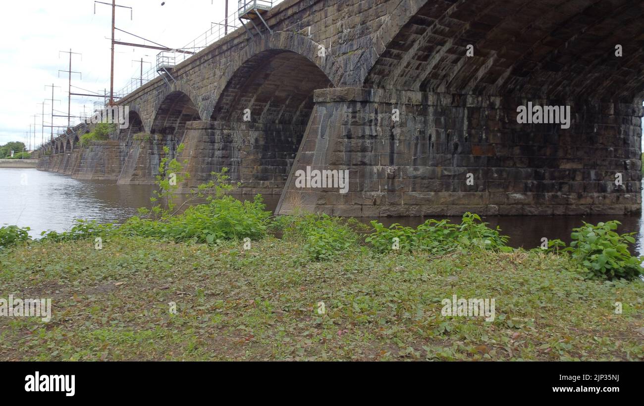 bridge used as train tracks to cross over a body of water Stock Photo ...