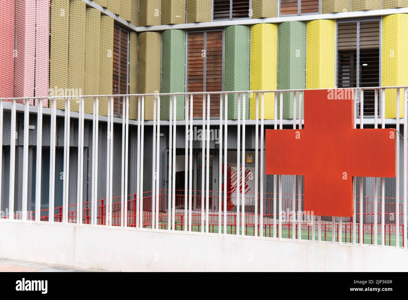 Exterior of the Red Cross building. Concept of hospital, health ...