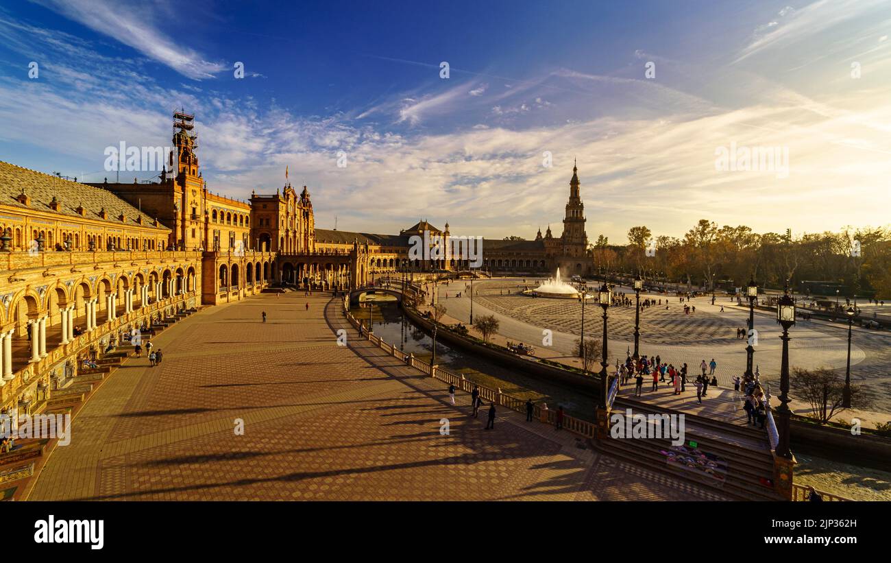 Plaza de España in Seville, sunny day with blue sky and white clouds at ...
