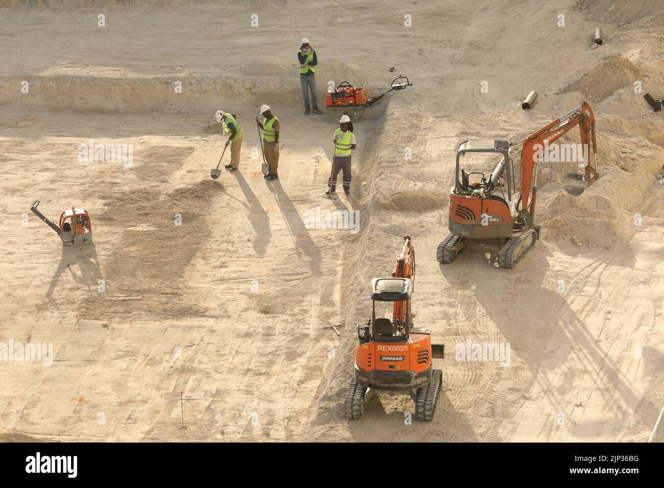 Piling driven into ground. Deep foundation installation. Reinforce ...