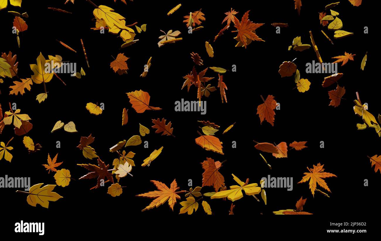 3D rendering. Background of many autumn leaves falling on a black ... 3D rendering. Background of many autumn leaves falling on a black ...