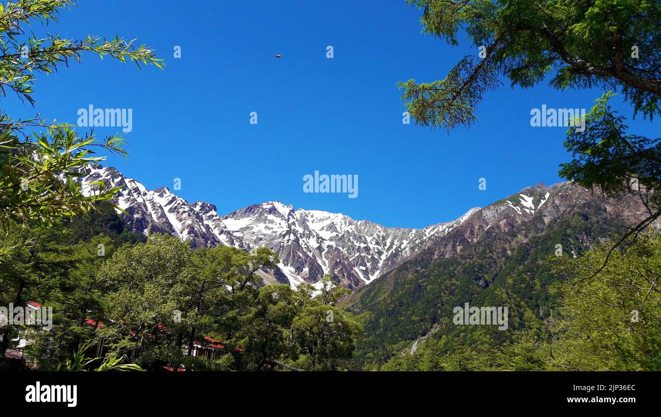 A beautiful landscape of green trees and mountains of Kamikochi resort in the Northern Japan ...